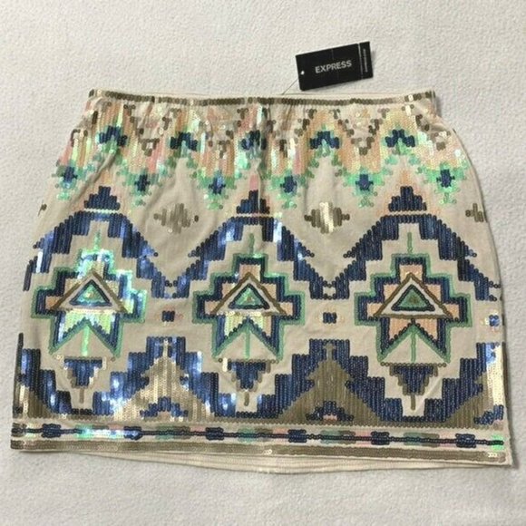 Express | Skirts | Nwt Express Xs Cream Sequin Stretch Mini Skirt Southwestern Aztec Shimmer ...